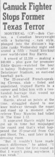 Bob Cleroux vs. Roy Harris (1st meeting) - BoxRec