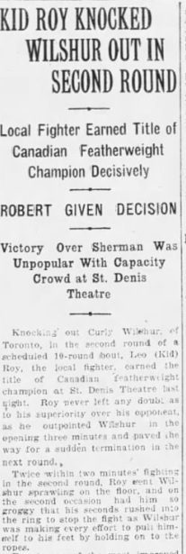 Leo (Kid) Roy vs. Curly Wilshur (1st meeting) - BoxRec
